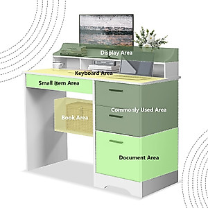 White Computer Desk with 4 Drawers, Modern Small White Desk with Large Storage Space & Hutch, Home Office Desk for Bedroom Small Spaces, White