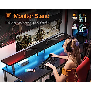 ODK 48 inch Gaming Desk with LED Lights & Power Outlets, Computer Desk with Monitor Stand & Storage Sheves, CPU Stand, Home Office Desk, Black
