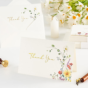 Crisky Thank You Cards 4 Assortment, Gold Foil Watercolor WildFlowers (50 Cards with Envelopes for Birthday, Baby Shower, Bridal Shower, Wedding, All Occasion)