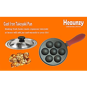 Heaunzy Japan large aperture takoyaki pan cast iron with silicone cover and stainless steel cover,Poffertjes pan,Appam pan,Masa,Banh khot pan,durable non stick,heavy cast iron uncoated 1.7kg(7 Hole)