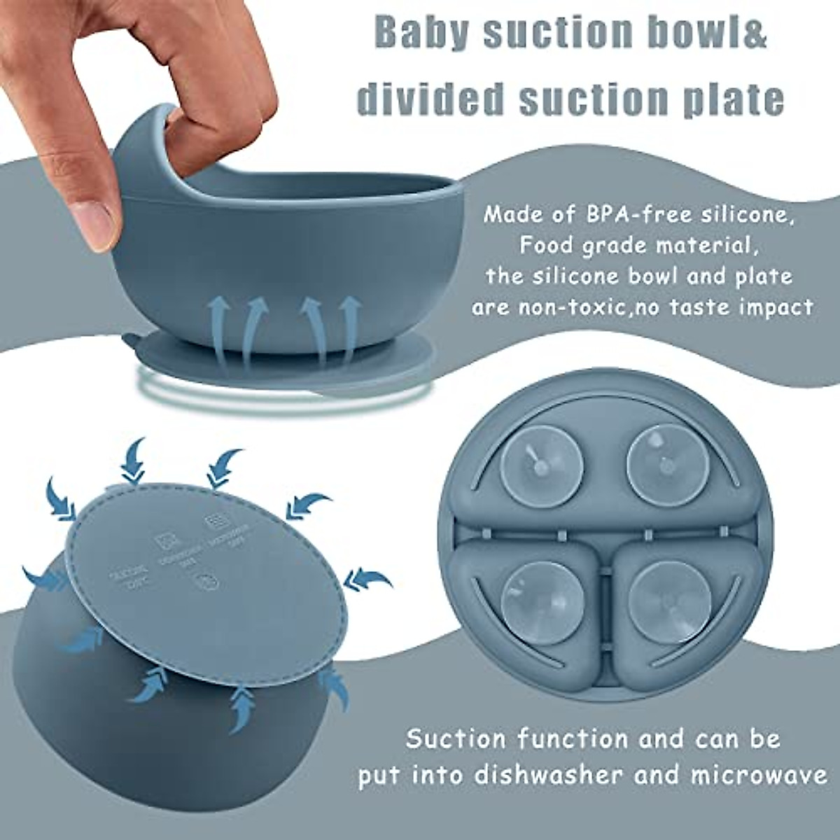 TQONEP Silicone Baby Feeding Set,Baby Led Weaning Supplies Suction Divided Plates Adjustable Silicone Toddler Soft Bowl Spoons Forks Silicone Toddler Cup BPA Free（Blue & Gray 12 PACK）