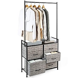 Tangkula Fabric Drawer Dresser w/Clothes Rack, Storage Organizer with Metal Frame and Wooden Top, Closet Organizers and 5 Storage Drawers for Clothes, Toys, for Hallway, Bedroom (Gray)
