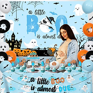 Balterever A Little Boo is Almost Due Baby Shower Decor Blue Orange Halloween Baby Shower Decors for Boys with Halloween Baby Shower Backdrop Cake Topper Spider Wall Sticker for Little Boo Party Decor
