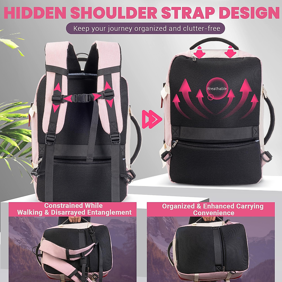 BAOXA Large Carry on Backpack, Expandable Travel Backpack for Women Airline Approved, 40L Suitcase Backpack for Women Men, Weekender Luggage Backpack for Traveling on Airplane (Pink)