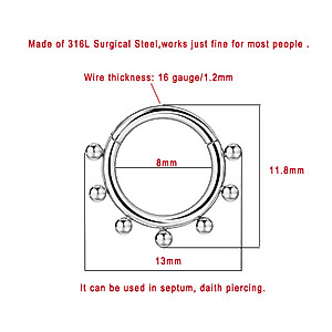 FANSING 316L Surgical Steel Septum Ring 16g 8mm Septum Jewelry 16 Gauge Beaded Septum Clicker 5/16" Septum Daith Piercing Jewelry