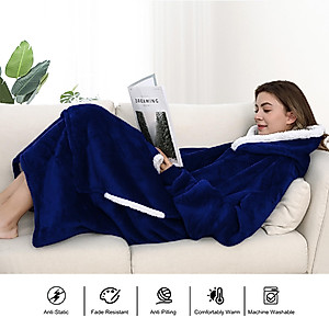 Convend Oversized Wearable Blanket Hoodie with Giant Pocket (Pet Favorites),Blanket Sweatshirt for Women and Men,Thick Flannel Blanket with Sleeves (Navy)