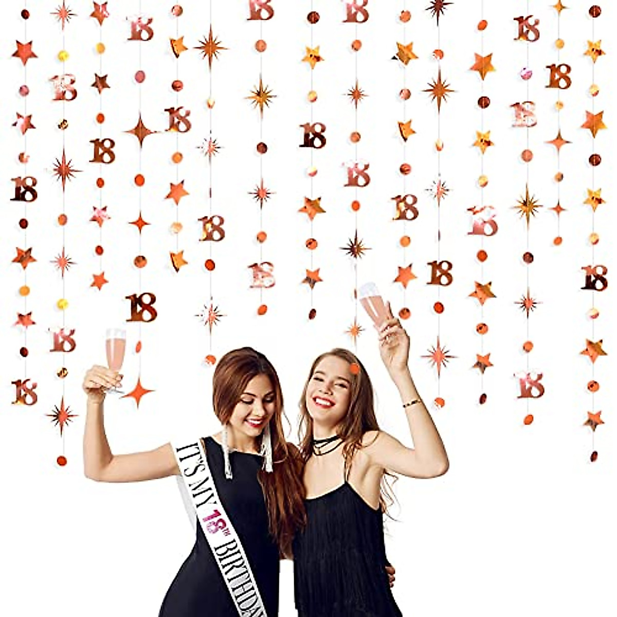 Rose Gold 18th Birthday Decorations Number 18 Circle Dot Twinkle Star Garland Kit Metallic Hanging Streamer Bunting Banner Backdrop for Girls Happy 18 Year Old Eighteen Anniversary Party Supplies