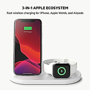 Belkin 3-in-1 Wireless Charger - Fast Wireless Charging Stand for Apple iPhone, Apple Watch & AirPods - iPhone Case Compatible Qi Charger - Wireless Charging Station For Multiple Devices - White