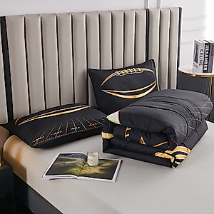 Helloosuu Boys Comforter Set, Twin Size, Football Themed, 3 PCS Including 1 Comforter & 2 Pillowcases, All Season Use, Black and Gold
