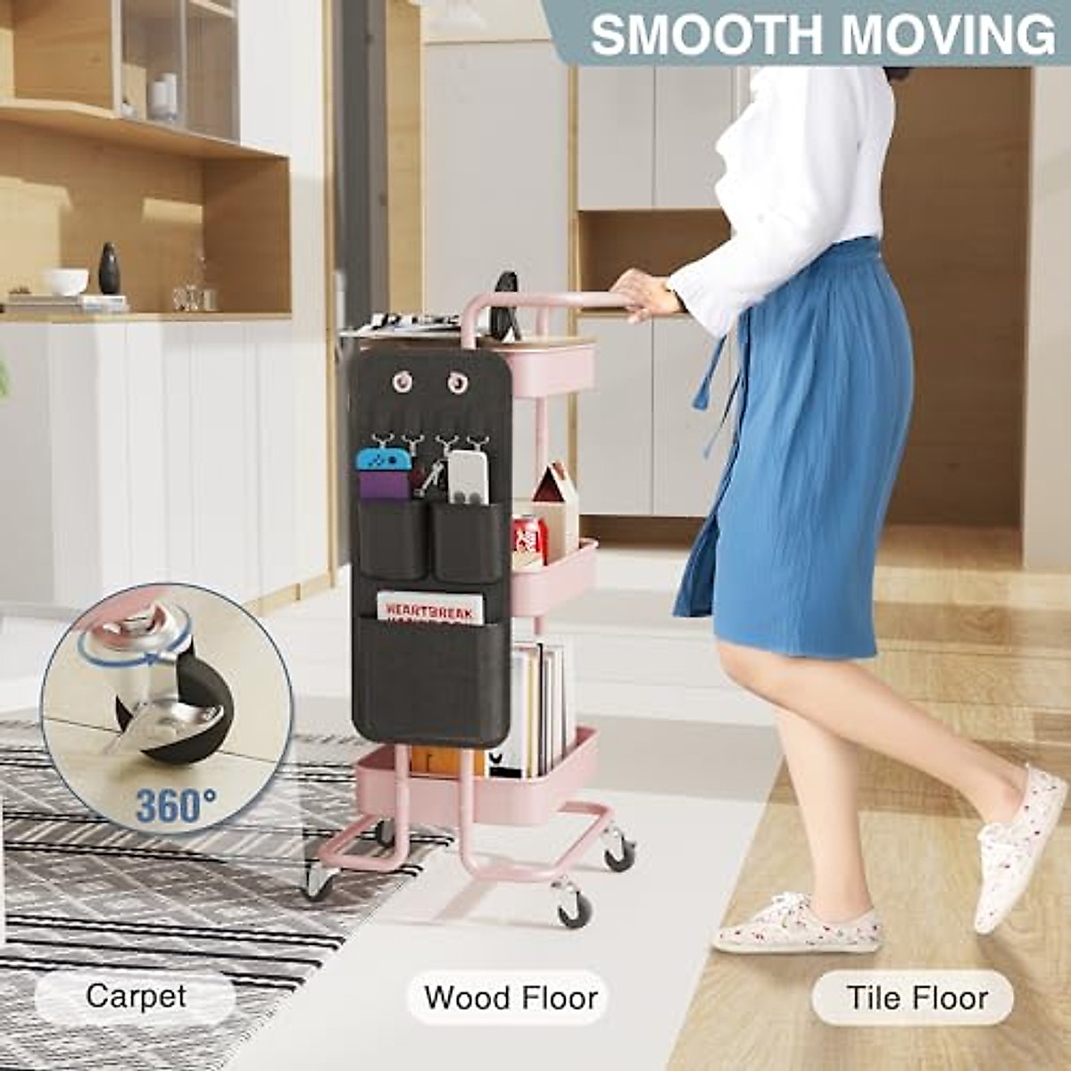 DTK 3 Tier Metal Utility Rolling Cart with Table Top and Side Bags, Metal Tray Storage Organizer Cart with Wheels, Art Craft Cart with 4 Hooks for Kitchen Bathroom Office Living Room (Pink)