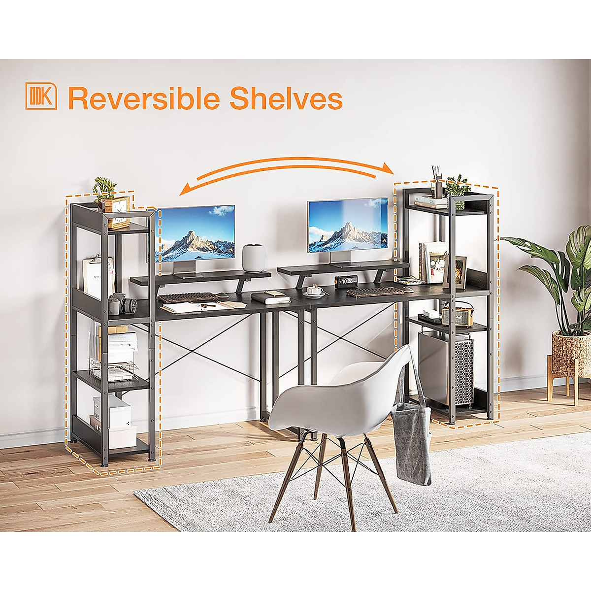 ODK Computer Desk with Storage Shelves, 47 Inch Writing Desk with Bookshelf, Reversible Study Table for Home Office, Small Space Bedroom, Grey Oak