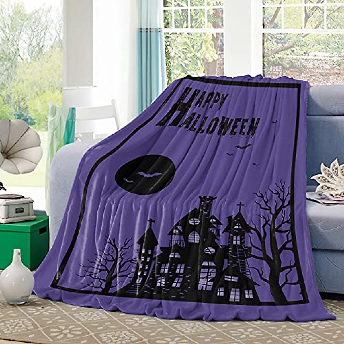 Throw Blanket- Black Haunted House Soft Warm Plush Fleece Bed Throw,50x60In Flannel Blankets Halloween Spooky Night Bedding Throws for Women/Men Bedroom Living Room Office Decor Purple