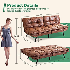 Vyfipt Futon Sofa Bed/Couch, Memory Foam Small Splitback Sofa for Living Room,Modern Loveseat with Covertible Armrests,71" L,Faux Leather/3" Cushion Thicker Version/Brown