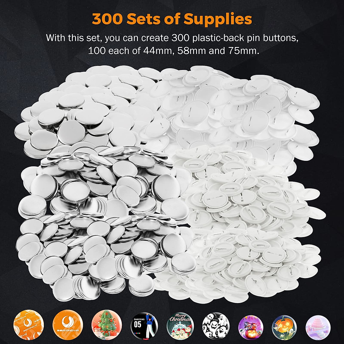 BEAMNOVA Button Maker Machine Multiple Sizes 1.73+2.28+2.95 inch, 44mm 58mm 75mm Sliding Dies, 300 Sets of Button Supplies, Circle Cutter Hand Press Machine Round Pin Badge Maker Kit