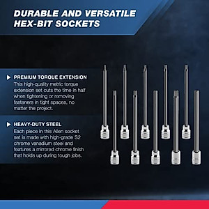 Neiko 10076A 3/8-Inch Drive Extra Long Allen Hex Bit Socket Set, Metric, 3 mm - 10 mm | S2 and Cr-V Steel, 7-Piece Set