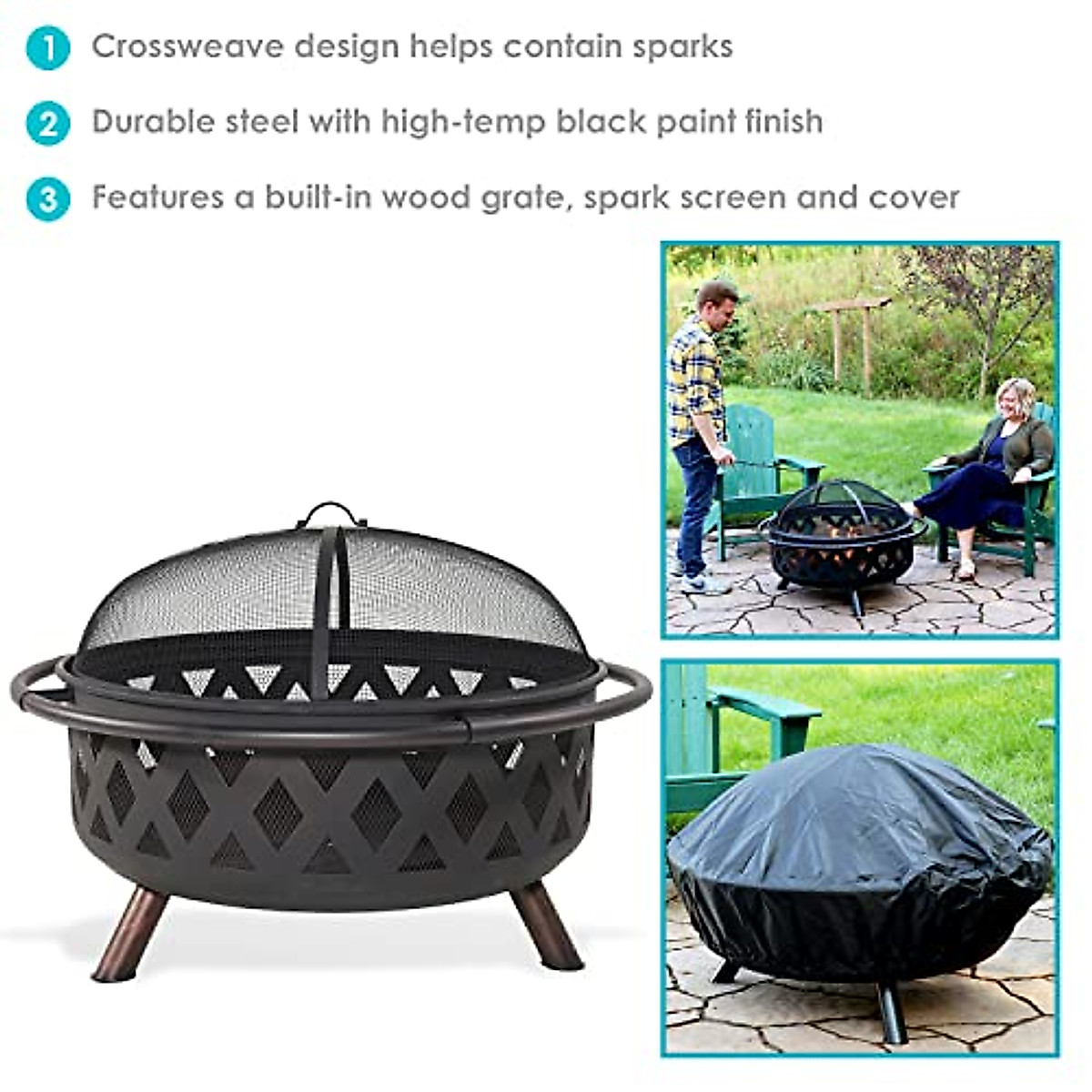 Sunnydaze Black Crossweave Heavy-Duty Steel Outdoor Fire Pit - Includes Spark Screen, Poker and Cover - 36-Inch Round