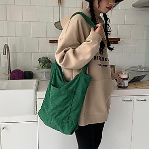 ALUWU Corduroy Tote Bag for Women Corduroy Purse with Front Pocket and Zipper Shoulder Hobo Handbags Simple Canvas Purse, Forest Green