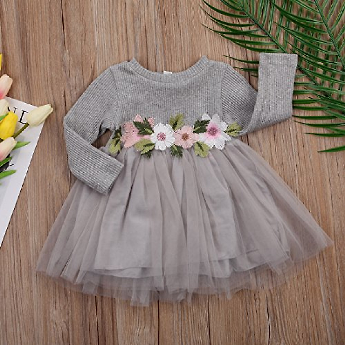 Mubineo Toddler Girl Long Sleeve Knit Dresses Baby Infant Flower Tutu Spring Fall Dress (Grey, 12-18 Months)