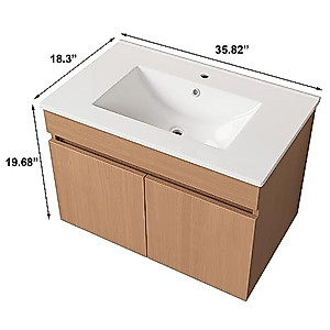 Ymlpre Floating Bathroom Vanity 36 Inch, Wall Mounted Bathroom Cabinet Sink Combo Set with 2 Doors, Ceramic Basin Sink Float Mounting Bathroom Vanity Cabinet for Washroom, 36 Inch Light Oak