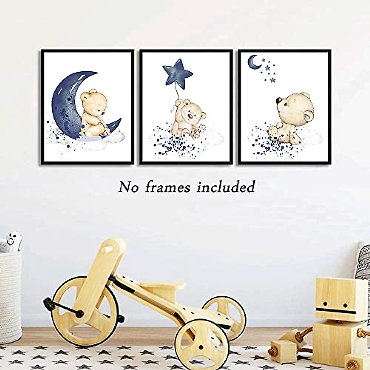 BDA36-Z Set of 3 poster丨Nursery children's room Bear Moon Star Decor Wall Art Poster丨Cute Modern Nordic Home Decor Poster blue painting art丨for Boy Girl Kids Room Playroom丨8x10 inch Unframed