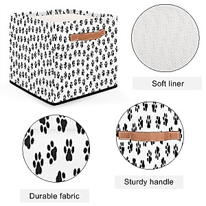 Yzrwebo Black Paw Print Fabric Storage Bins for Organizing Cat Dog Paw Print Large Storage Basket with Handles Cube Collapsible Organizer Bins for Shelves Closet Decor Toys Clothes Cubby 13"x13"x13"