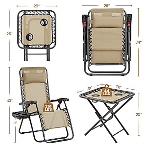 Yaheetech 3PCS Zero Gravity Recliner Portable Outdoor Reclining Chair Set w/Side Table Folding Chaise Lounge Chairs for Patio Beach Deck Garden Pool Beige
