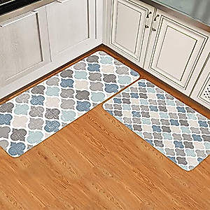 Geometric Quatrefoil Kitchen Rugs and Mats Non Skid Washable Cushioned Kitchen Mat Anti Fatigue Mat Kitchen Set of 2 Waterproof Teal Gray Turquoise Blue Vintage Farmhouse Moroccan Tile Pattern