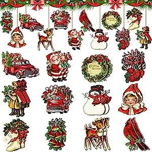 Spiareal Christmas Wooden Decor Christmas Wooden Snowflake Gnome Snowman Hanging Signs Ornaments Christmas Tree Decoration Signs Wood with Rope for Xmas Party ( Vintage Style, 24 Pieces)