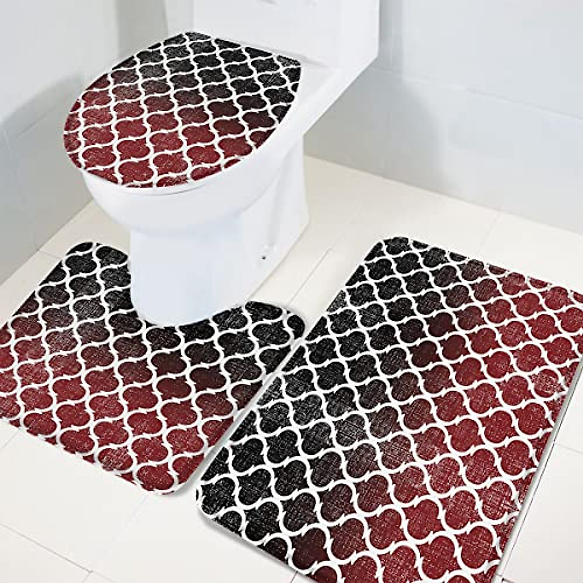 Bathroom Rugs, Memory Foam Bath Mat Bathroom Set, Gradient Red Black Moroccan Pattern Bath Rugs Bathroom Accessories, Home Decor Non-Slip Absorbent Soft Bath Mats for Bathroom, Tub, 3 Pieces