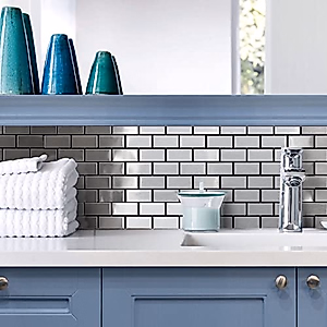 HomeyMosaic Stainless Steel Backsplash Peel and Stick Subway Metal Silver Tiles Stick on Kitchen Bathroom Countertop Fireplace,5 Sheets