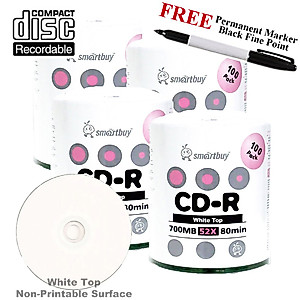 Smartbuy 400-disc 700mb/80min 52x CD-R White Top Blank Media Record Disc + Black Permanent Marker