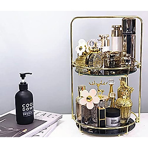 Z PLINRISE Makeup Organizer, 2 Tier Bathroom Cosmetic Storage Shelf for Dresser and Countertop, Decorative Round Vanity Organizer Basket with Marbling Glass Tray, Gold