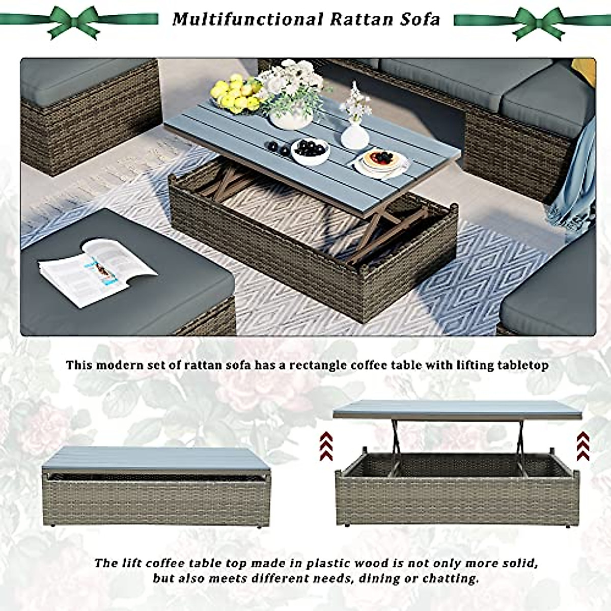 Merax 5-Piece Patio PE Rattan Wicker Sofa with Adustable Backrest,Cushions,Ottomans and Lift Top Coffee Table,Outdoor Furniture Sets,Dark Grey