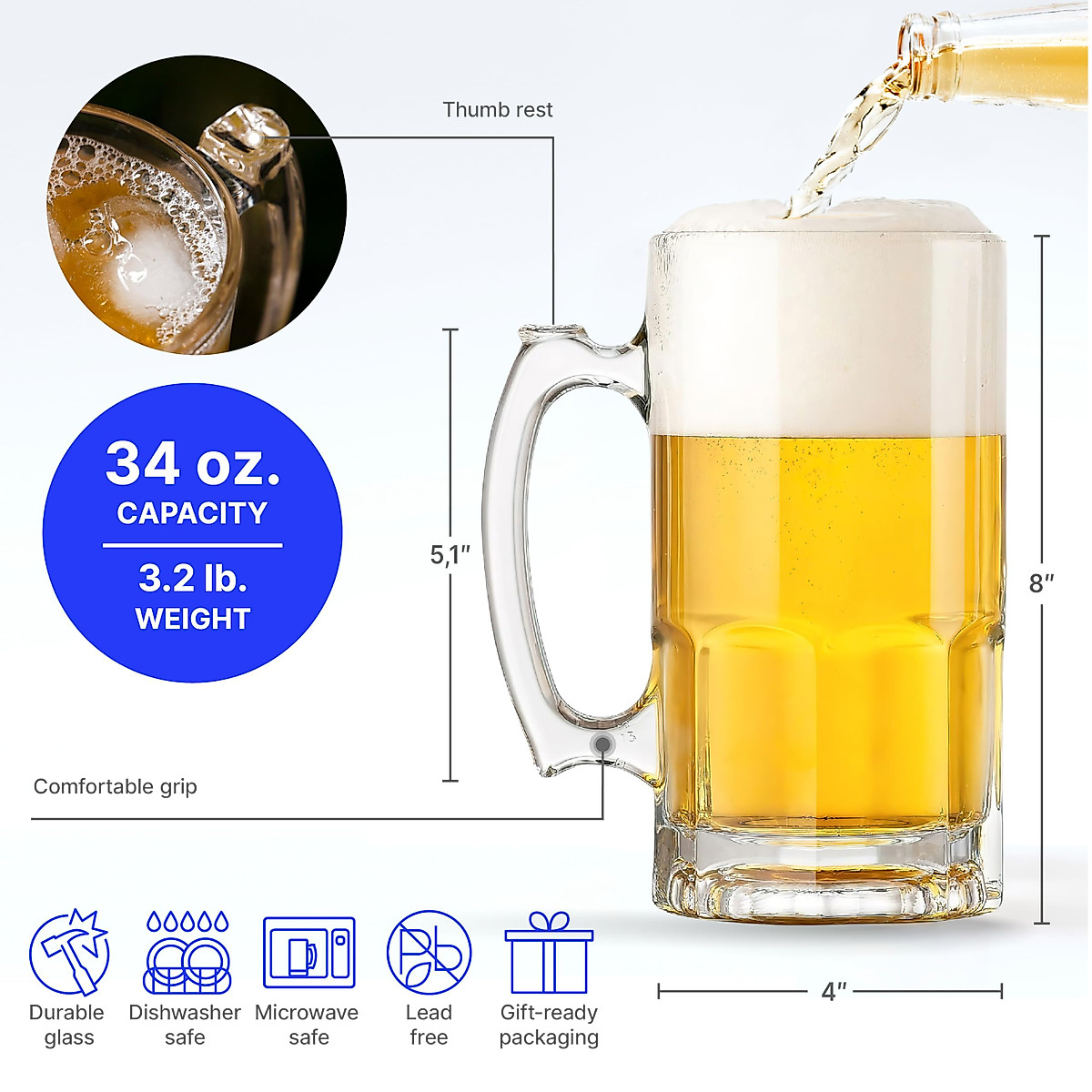 PROLISOK Glass Beer Mugs with Handle – 34 fl. oz. / 1L – Large & Heavy Beer Stein for Root Beer – Best Gift for Men Father Boyfriend Brother Dad – Set of 2