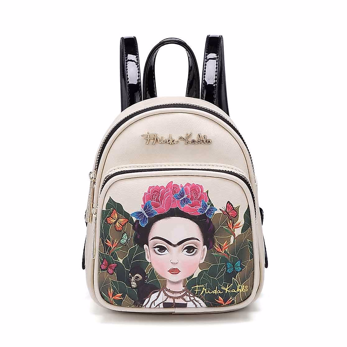 Frida Kahlo Cartoon Licensed Faux Leather Mini Size Backpack (Black: Cartoon)