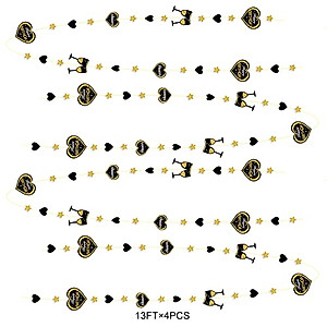 52Ft Black Gold Happy Birthday Decorations Happy Birthday Hearts and Wine Glass Star Garland Hanging Bunting Banner Streamers Backdrop for Women Mens 30th 40th 50th 60th 70th Birthday Party Supplies