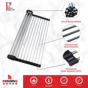 R RESERVE Upgraded, Roll up Dish Drying Over The Sink Rack Mat with Stainless Steel Wires, Rollable, Large, Black/Silver, (15.5" x 23")