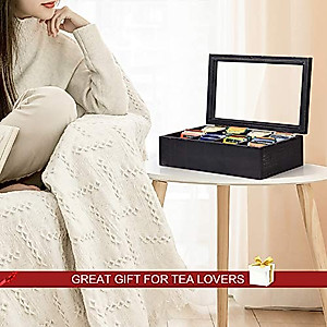 Alsonerbay Wooden Tea Box Tea Bag Holder Kitchen Storage Chest Box for Spice Pouches and Sugar Packets with 8 Compartments and Glass Window Weathered Black