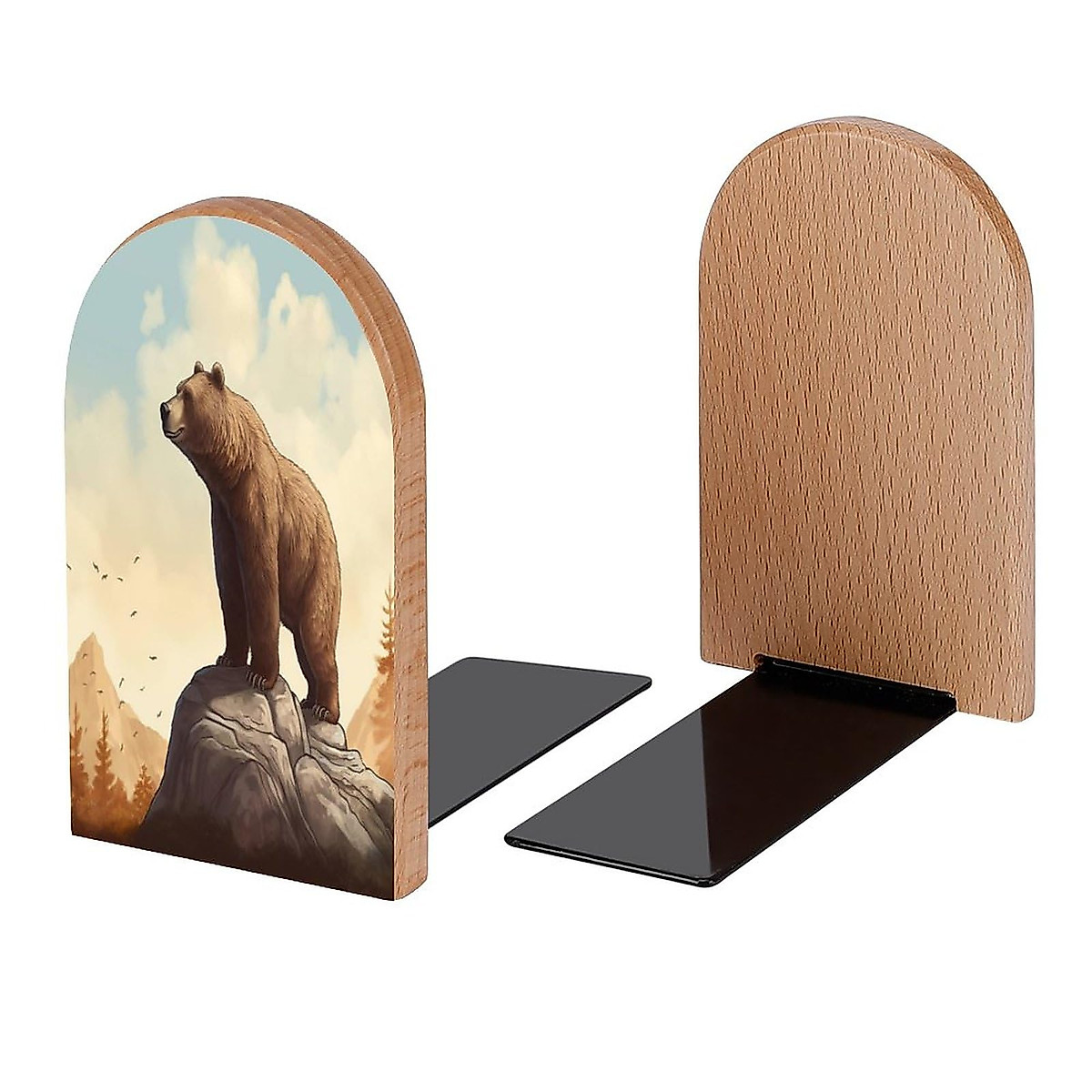 Bear on Stone Autumn Tree Book Ends Decorative Wood Bookends for Shelves Kids Room Desk Home Office Book Stoppers for Magazines,Books, DVDs, 1 Pair/2 Pieces(5x3.1 in)