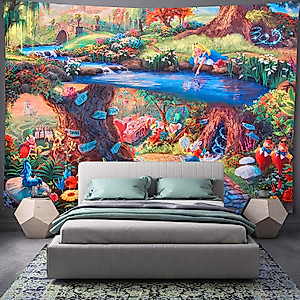 DBLLF Fairytale Forest Tapestry Wonderland Tapestry 100x90 Giant Tapestry Rabbit Motion Cups Hearts and Flower Character Cartoon Style Wide Wall Hanging for Home Decor GTLSDB72