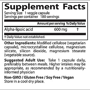 Doctor's Best Alpha-Lipoic Acid, Non-GMO, Gluten Free, Vegan, Soy Free, Helps Maintain Blood Sugar Levels, 600 mg 180 Veggie Caps
