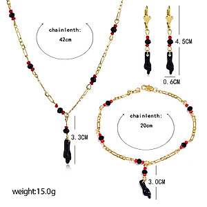 Caiyao Black Azabache Hand Figa Charm Stainless Steel 18K Gold Plated Link Chain Necklace Bracelet Evil Eye Amulet Protection Unisex Jewelry for Women Men-black