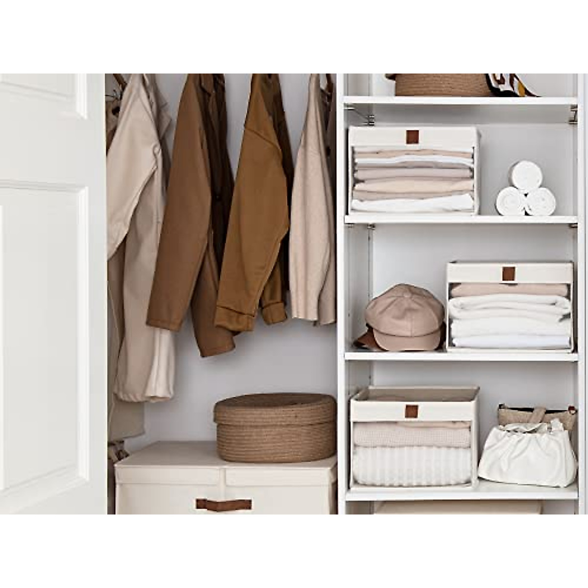 StorageWorks Closet Storage Bins with Clear Window and 2 Handles, Foldable Clothing Bins for Shelves, Large Fabric Organizer, Beige, 3 Pack