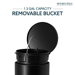 Moorefield Round Soft-Close Step On Bathroom Wastebin, Stainless Steel 1.3 Gallon Trash Can with Premium Pedal and Lid (Matte Black)