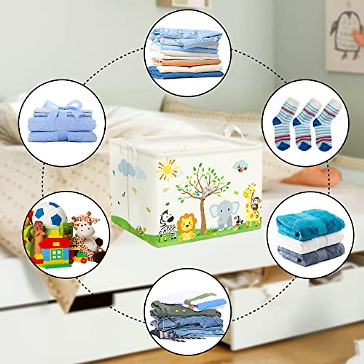 Clastyle Cube Jungle Safari Animals Nursery Storage Basket Forest Elephant Giraffe Tree Shelf Basket for Clothes Toys Books Rectangle Bedroom Playroom Monkey Lion Storage Bin, 36L