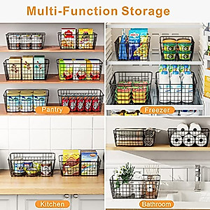 Wire Storage Baskets, iSPECLE 4 Pack Large Metal Wire Baskets Pantry Organization and Storage with Handles, Freezer Organizer Bins for Pantry Kitchen Shelf Laundry Cabinets Garage, Black