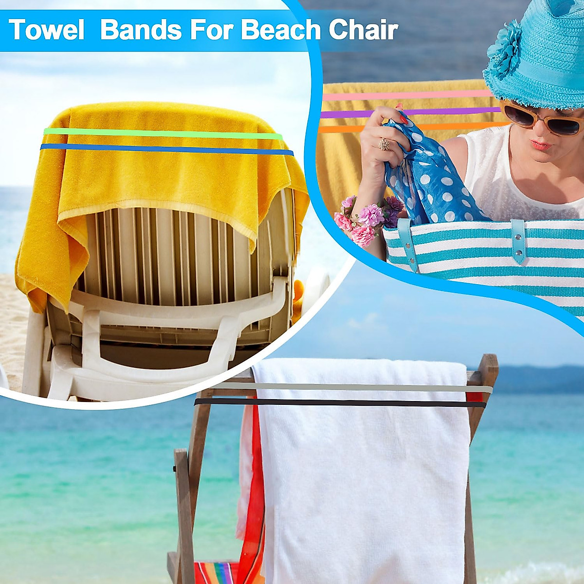 CCINEE 12 Pack Beach Towel Bands for Beach Chair, Stretchable Silicone Towel Holder for Cruise Chairs Elastic Towel Craber Clips for Sorting and Organizing