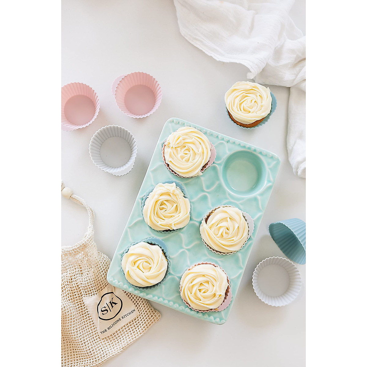 The Silicone Kitchen Reusable Silicone Baking Cups Silicone Muffin Liners for Cupcakes, BPA Free, 12 Pack, Regular, Pink Gray Blue