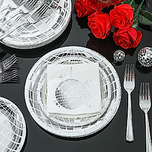 Tanlade 200 Pieces Disco Party Supplies Tableware Set Disco Ball Dinner Plates Napkins Forks for 70s 80s 90s Disco Birthday Rock Roll Dance Music Party 50 Guests (Silver)
