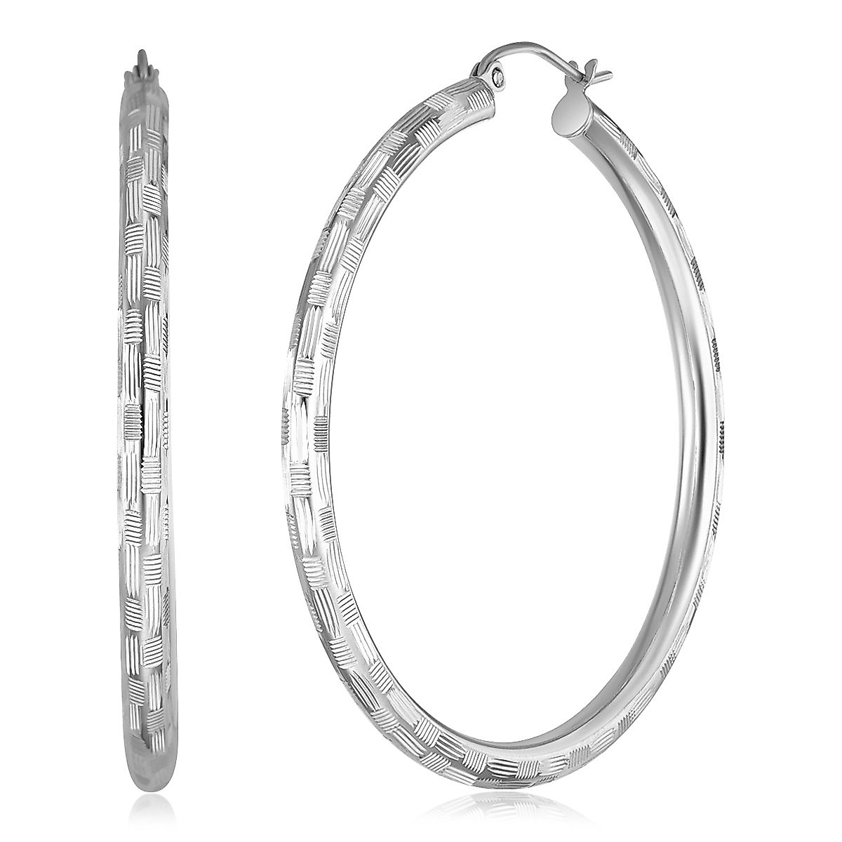 14k REAL White Gold 3mm Thickness Hinged Diamond Cut Hoop Earrings (45 x 45 mm)